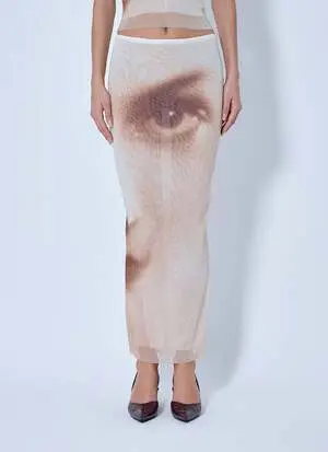 JEAN PAUL GAULTIER Mesh Printed Face Long Skirt - Cream