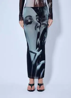 JEAN PAUL GAULTIER Mesh Printed Smoking Long Skirt - Black