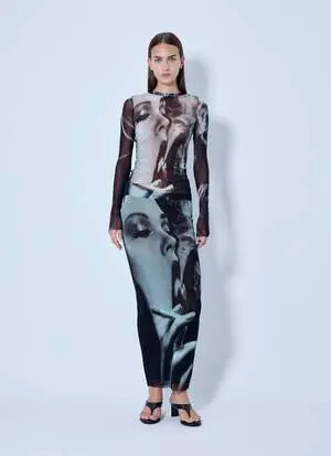 JEAN PAUL GAULTIER Mesh Printed Smoking Long Skirt - Black