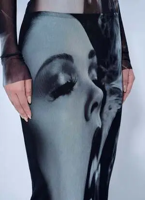 JEAN PAUL GAULTIER Mesh Printed Smoking Long Skirt - Black
