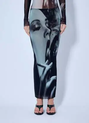 JEAN PAUL GAULTIER Mesh Printed Smoking Long Skirt - Black
