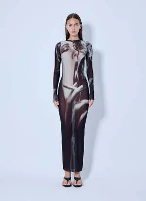 JEAN PAUL GAULTIER Mesh Printed Smoking Long Dress - Black