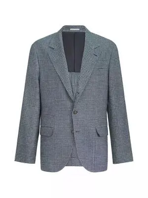 Brunello Cucinelli Comfort Wool And Cashmere Prince Of Wales Flannel Deconstructed Blazer With Metal Buttons - Blue