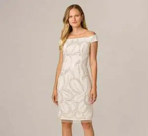 Adrianna Papell Off Shoulder Feather Pearly Sequin Beaded Sheath Dress