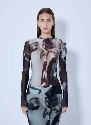 JEAN PAUL GAULTIER Mesh Printed Smoking Long Sleeves Top - Black