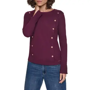 Karl Lagerfeld Paris Button Embellished Long Sleeve Knit Top - Cherry Lacquer