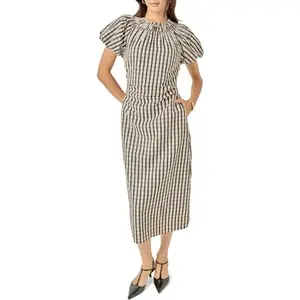 English Factory Smocked Neck Gingham Midi Dress - Black Multi