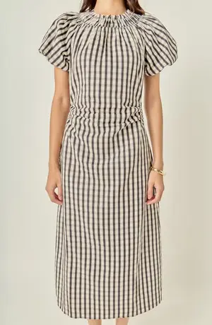 English Factory Smocked Neck Gingham Midi Dress