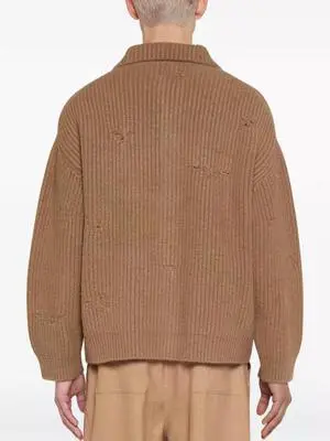 LANEUS Ribbed-knit Distressed Cardigan - Brown