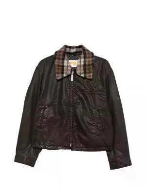 PDF Check-collar Logo-embossed Jacket - Brown