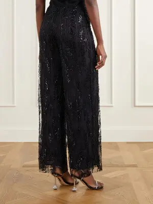 Staud Sequin-trimmed Organza Wide-leg Pants - Black