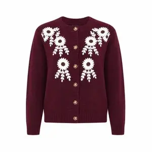 YUMI Burgundy Floral Embroidered Cardigan