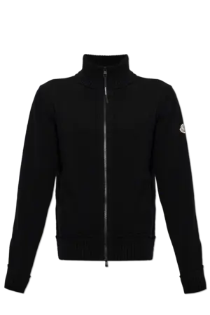 Moncler Wool Turtleneck Cardigan With Designer Logo - Black
