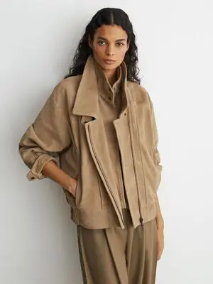 REISS Noa Petite Suede Double-layer Relaxed-fit Jacket