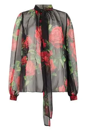 Dolce & Gabbana Floral Chiffon Silk Blouse With High Collar Ribbon Front