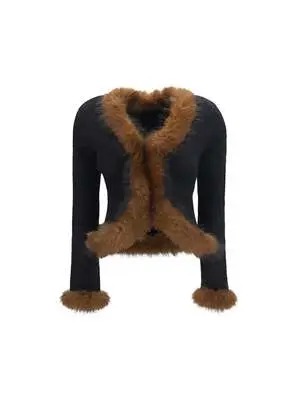 SELF-PORTRAIT Faux Fur Trim Cropped Cardigan - Black