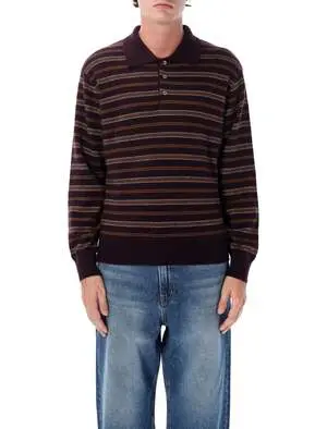 DUNST Striped Knit Polo Sweater - Marrone