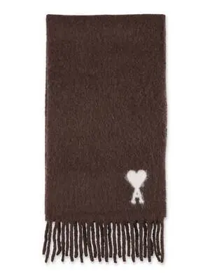 AMI Paris Soft Alpaca Scarf With Heart Motif And Fringed Rectangle - Marrone