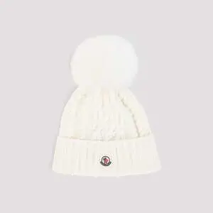 Moncler Cable Knit Beanie With Faux Fur Pom Pom - White
