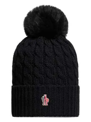 Moncler Moncler Cable Knit Wool Beanie With Long-Haired Sheepskin Pom-Pom And Logo Patch Nero