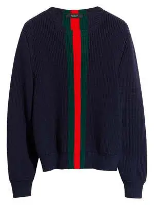 Gucci Web Detail Crewneck Sweater With Long Sleeves And Rib Trim - Blu
