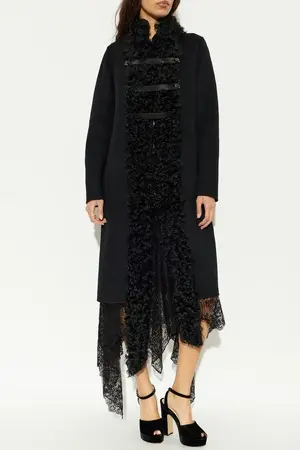 Fendi Wool Long Coat With Lamb-finish Panel And Leather Accents
