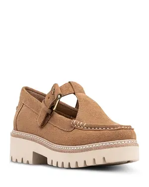 DONALD PLINER T Strap Leather Suede Loafer Flats - Tan