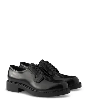 Prada Chocolate Brushed Leather Derby Shoes - Black