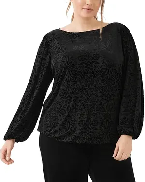 Karen Kane Velvet Burnout Boat Neck Blouson Sleeve Top - Black