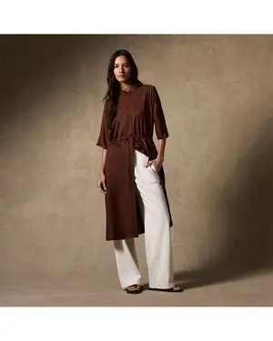 Eileen Fisher Silk Mandarin Collar Drawstring Waist Dress