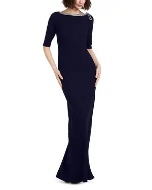 EMILY SHALANT Stretch Crepe Elbow Sleeve Embellished Gown - Navy