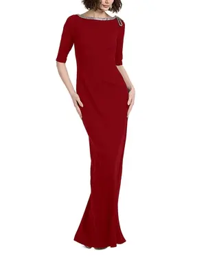 EMILY SHALANT Stretch Crepe Elbow Sleeve Embellished Gown - Red