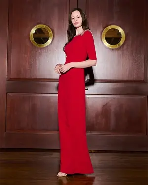 EMILY SHALANT Stretch Crepe Elbow Sleeve Embellished Gown - Red