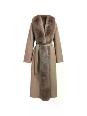 POCHE PARIS Faux-fur Trim Belted Coat - Neutrals