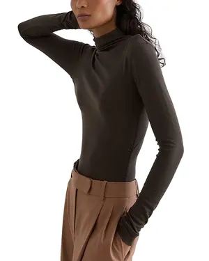 REISS Heidi Ruched Mock Neck Top - Chocolate