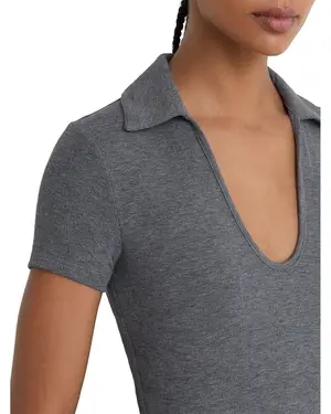 REISS Daria Split Neck Polo Top - Grey Marl
