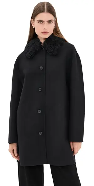 Another Tomorrow Fur Collar Balmacaan Coat - Black