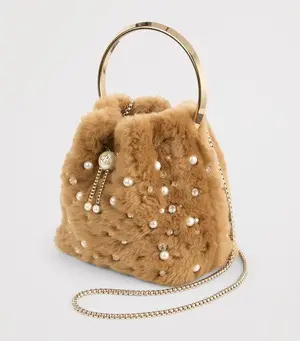 JIMMY CHOO Shearling Faux-pearl Bon Bon Top-handle Bag