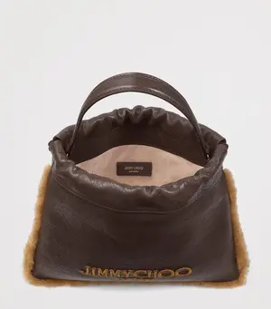 JIMMY CHOO Leather Shearling-trim Drawstring Pouch