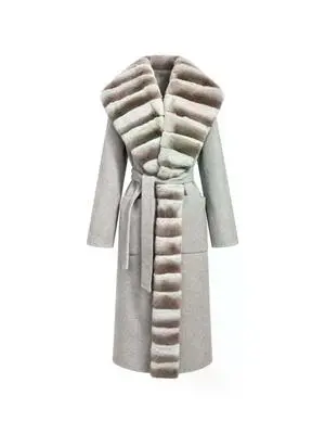 POCHE PARIS Fur-trim Belted Coat - Grey