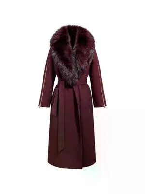 POCHE PARIS Faux-fur Trim Belted Coat - Red