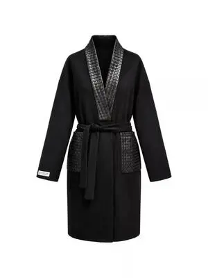 POCHE PARIS Woven-trim Belted Coat - Black