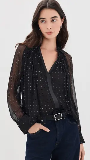 Vince Heat Set Dot Sheer Gathered Blouse