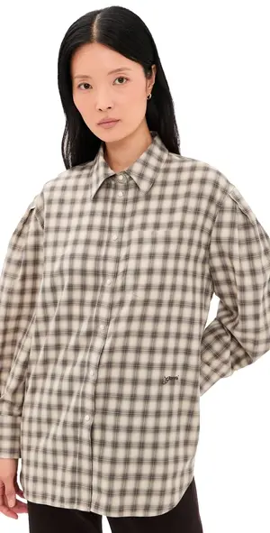 GANNI Light Check Flannel Pleated Sleeve Shirt - Oyster Gray