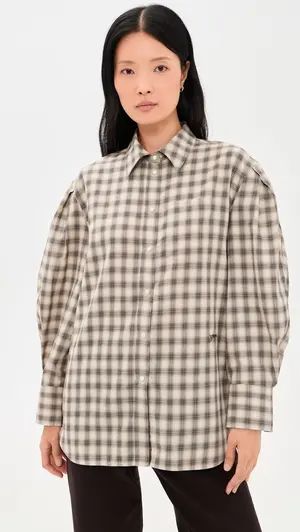 GANNI Light Check Flannel Pleated Sleeve Shirt
