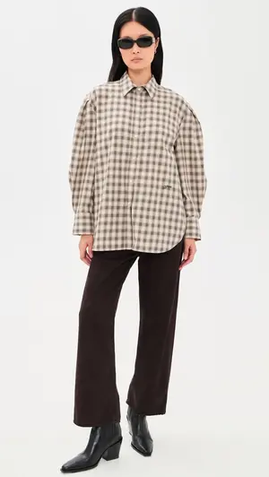 GANNI Light Check Flannel Pleated Sleeve Shirt