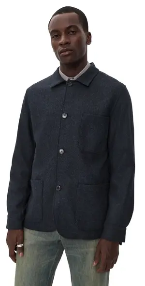 Portuguese Flannel Labura Herringbone Wool Shacket - Navy