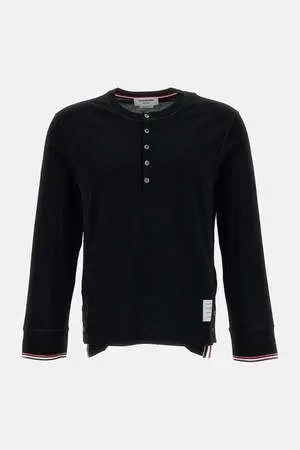 Thom Browne Maglia Henley Girocollo In Misto Lana E Costine - Nero