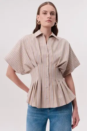 EXQUISE Nataly Collar Pleated Fitted Striped Shirt - Multi Color
