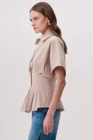 EXQUISE Nataly Collar Pleated Fitted Striped Shirt - Multi Color